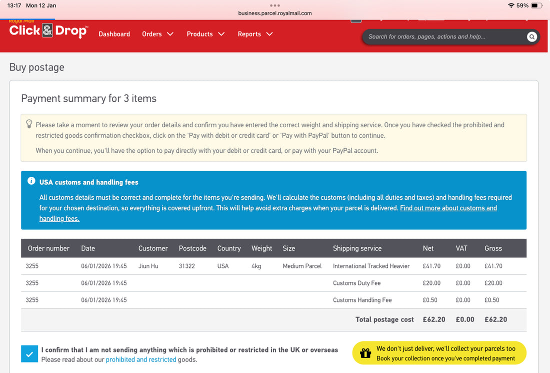 USA Custom Duties (Following USA Law Requiring advance payment of fees ...